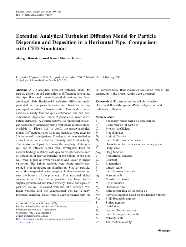 (PDF) Extended Analytical Turbulent Diffusion Model for Particle Dispersion and Deposition in a ...