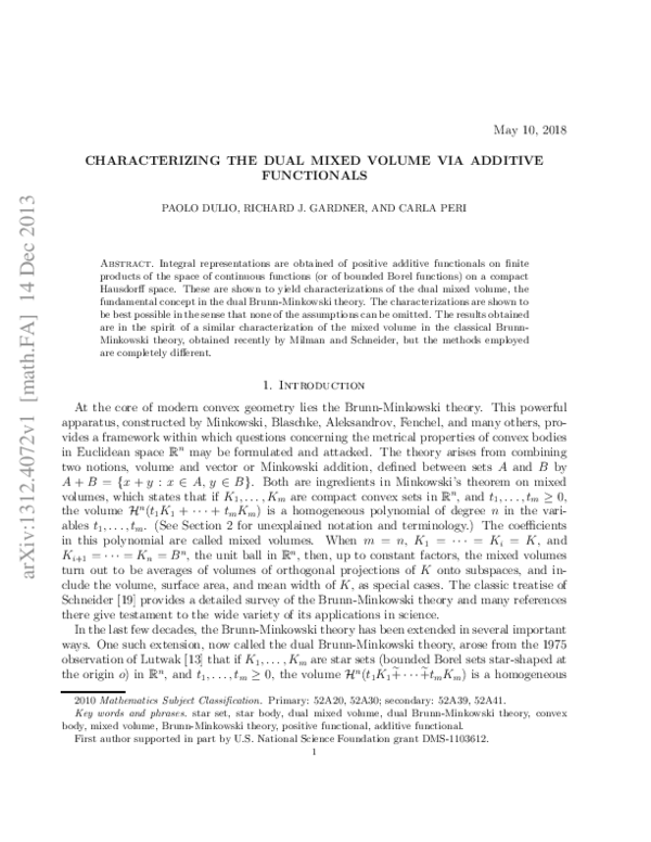 Pdf Characterizing The Dual Mixed Volume Via Additive Functionals