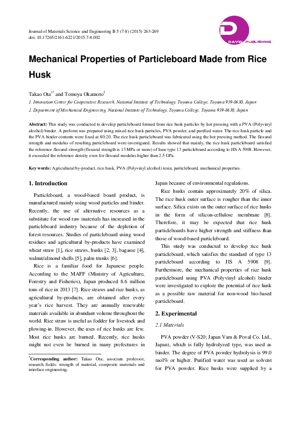 (PDF) Mechanical Properties of Particleboard Made from Rice Husk