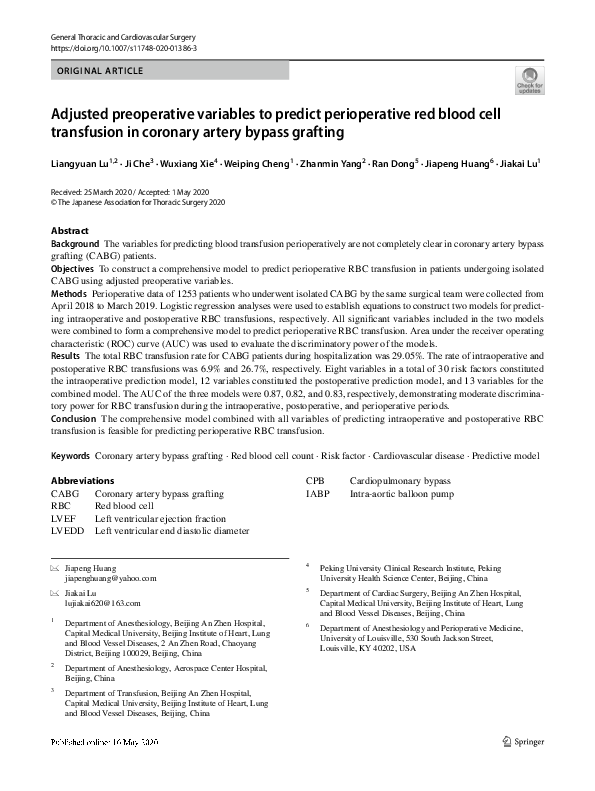 (PDF) Adjusted preoperative variables to predict perioperative red blood cell transfusion in ...