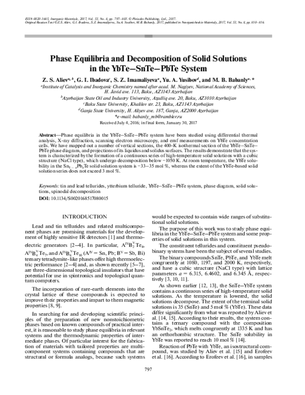 (PDF) Phase equilibria and decomposition of solid solutions in the YbTe–SnTe–PbTe system