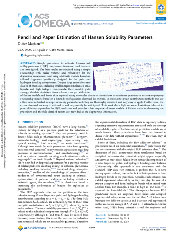 (PDF) Pencil and Paper Estimation of Hansen Solubility Parameters