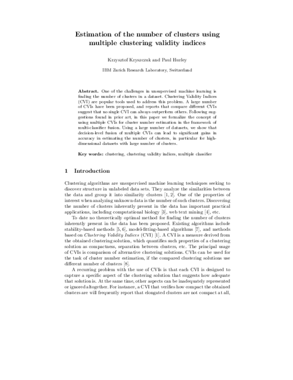 (PDF) Estimation of the Number of Clusters Using Multiple Clustering Validity Indices