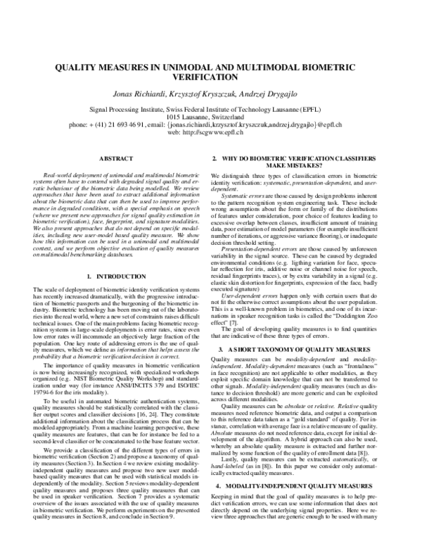(PDF) Quality measures in unimodal and multimodal biometric verification | Krzysztof Kryszczuk ...