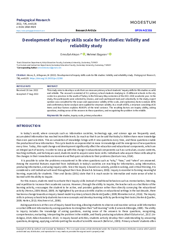(PDF) Development of inquiry skills scale for life studies: Validity and reliability study