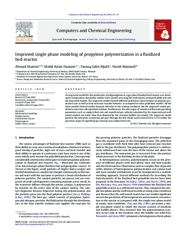 Pdf Improved Single Phase Modeling Of Propylene Polymerization In A Fluidized Bed Reactor