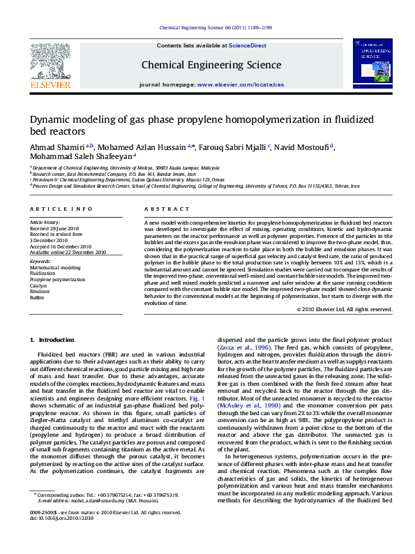 (PDF) Dynamic modeling of gas phase propylene homopolymerization in fluidized bed reactors