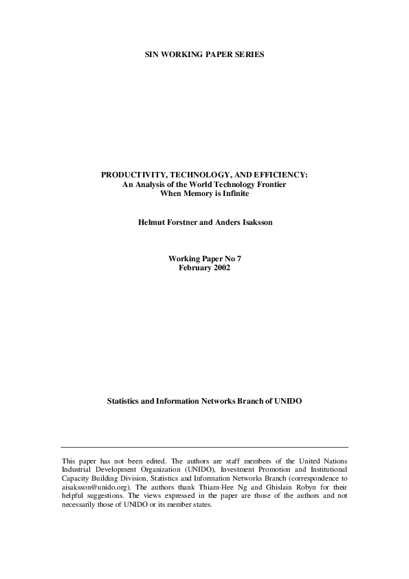 (PDF) SIN WORKING PAPER SERIES PRODUCTIVITY, TECHNOLOGY, AND EFFICIENCY ...