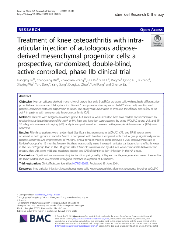 (PDF) Treatment of knee osteoarthritis with intra-articular injection of autologous adipose ...