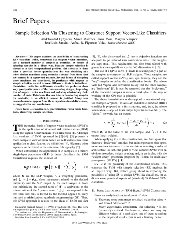 (PDF) Sample selection via clustering to construct support vector-like classifiers