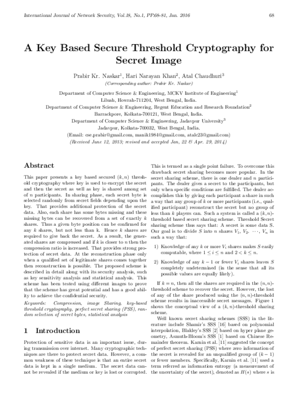 (PDF) A Key Based Secure Threshold Cryptography for Secret Image