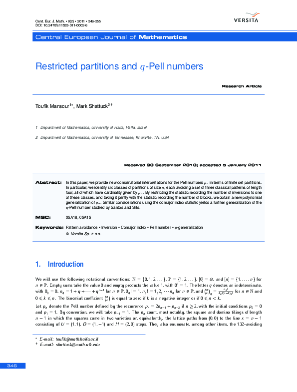 (PDF) Restricted partitions and q-Pell numbers