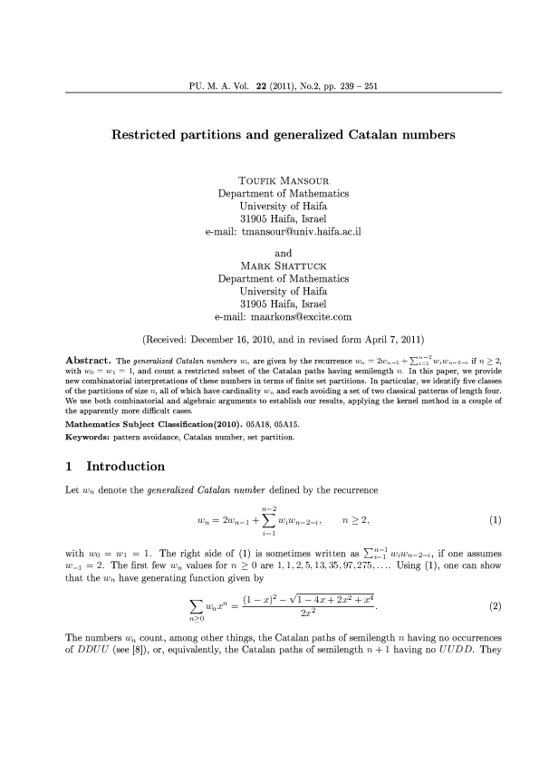 (PDF) Restricted partitions and generalized Catalan numbers