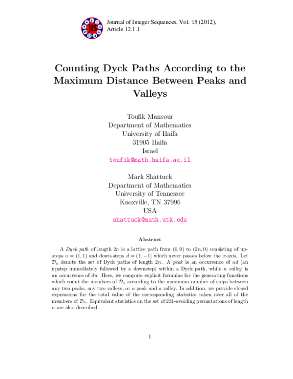 (PDF) Counting Dyck Paths According to the Maximum Distance Between Peaks and Valleys