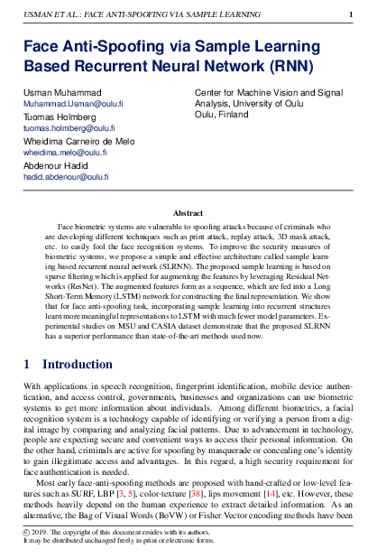 (PDF) Face Anti-Spoofing via Sample Learning Based Recurrent Neural Network (RNN)