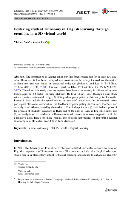 (PDF) Fostering student autonomy in English learning through creations in a 3D virtual world