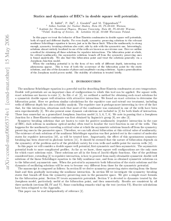 (PDF) Statics and dynamics of BEC's in double square well potentials