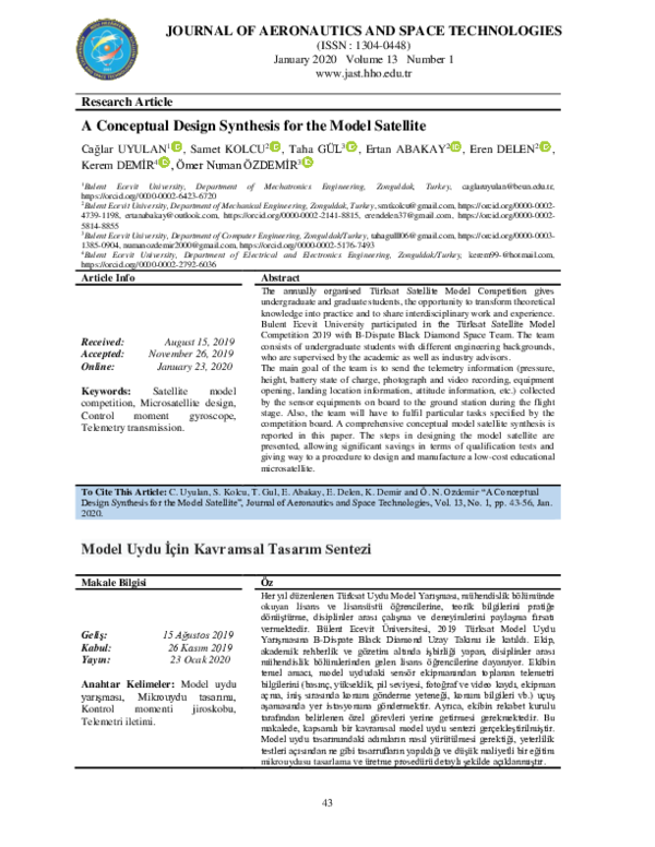 Pdf A Conceptual Design Synthesis For The Model Satellite Caglar