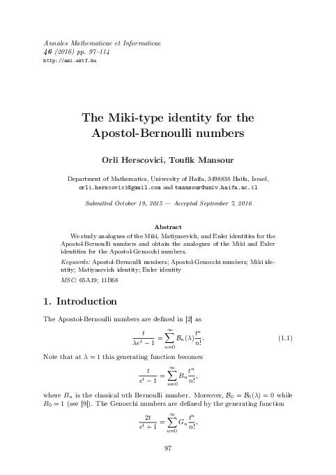 (PDF) The Miki-type identity for the Apostol-Bernoulli numbers