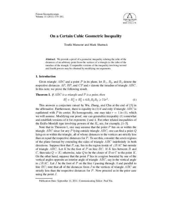 (PDF) On a Certain Cubic Geometric Inequality