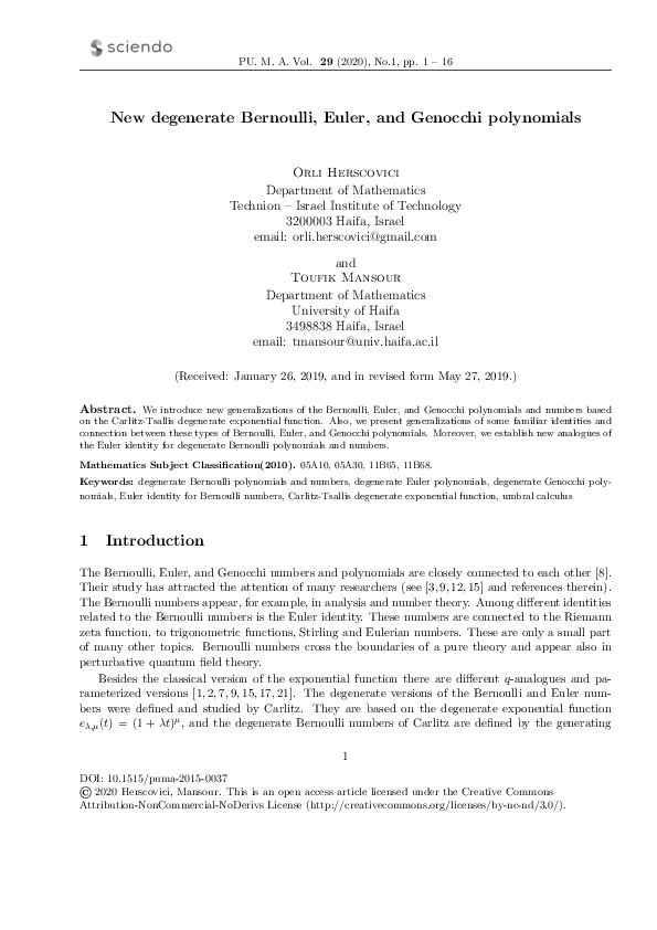 Pdf New Degenerate Bernoulli Euler And Genocchi Polynomials