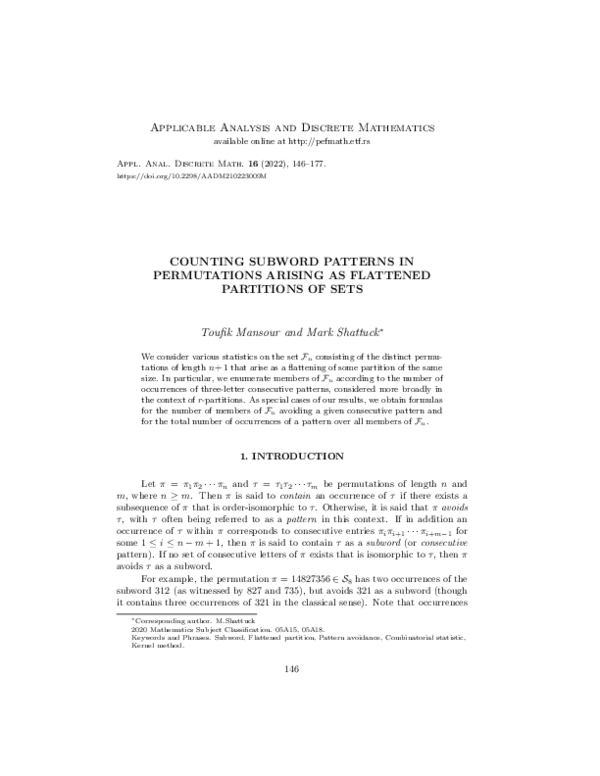(PDF) Counting subword patterns in permutations arising as flattened partitions of sets
