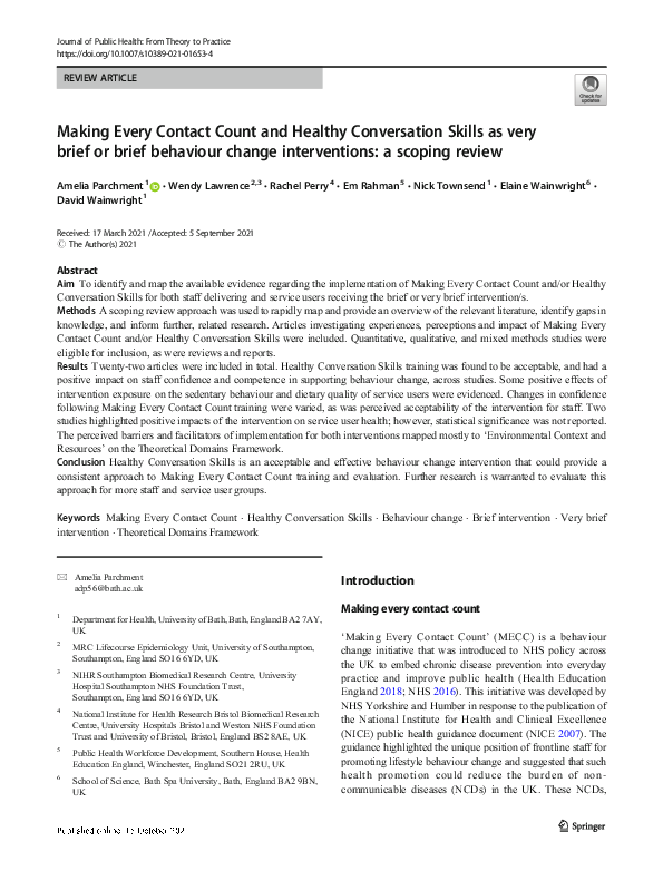 (PDF) Making Every Contact Count and Healthy Conversation Skills as ...