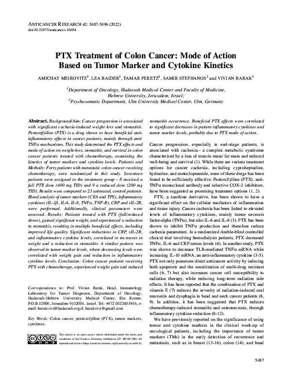 (PDF) PTX Treatment of Colon Cancer: Mode of Action Based on Tumor ...