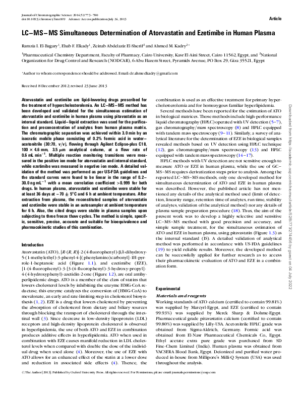Pdf Lc Ms Ms Simultaneous Determination Of Atorvastatin And Ezetimibe