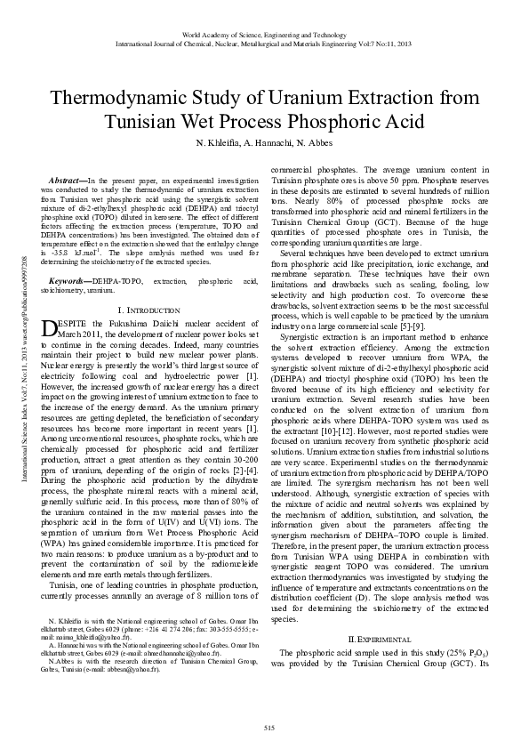 (PDF) Thermodynamic Study Of Uranium Extraction From Tunisian Wet Process Phosphoric Acid