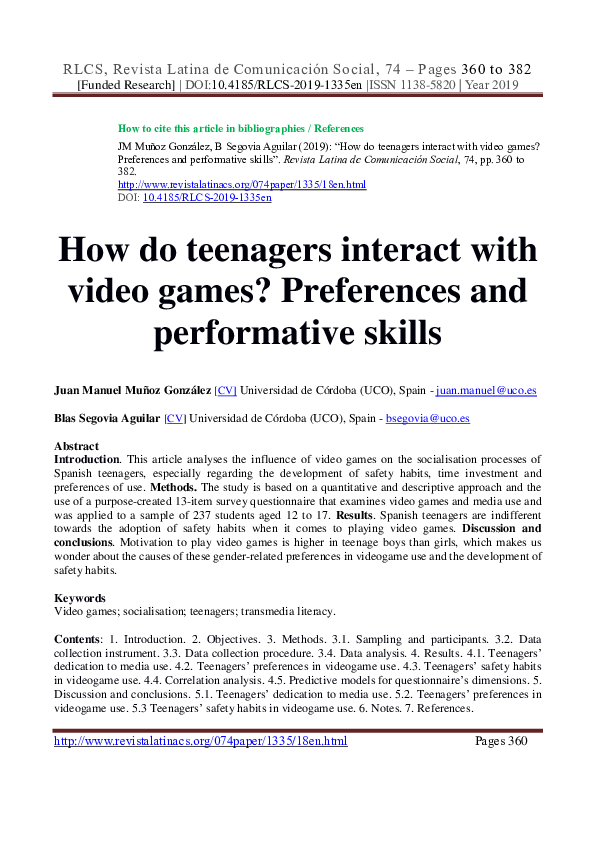 (PDF) How do teenagers interact with video games? Preferences and ...