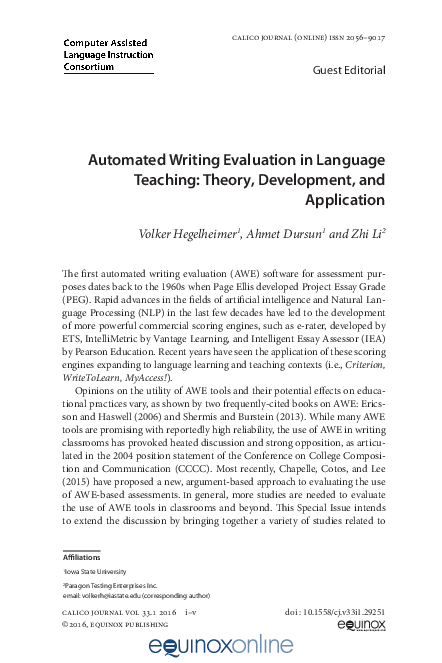 (PDF) Automated Writing Evaluation in Language Teaching: Theory, Development, and Application