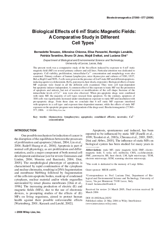(PDF) Biological effects of 6 mT static magnetic fields: A comparative study in different cell types