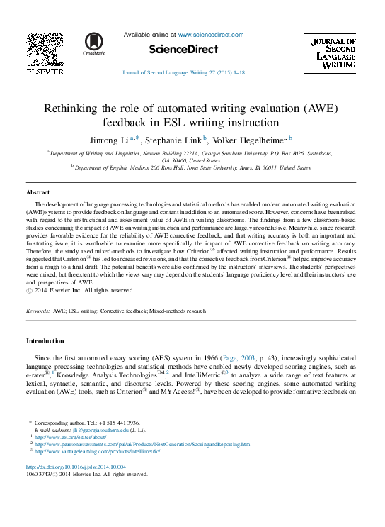 (PDF) Rethinking the role of automated writing evaluation (AWE) feedback in ESL writing instruction