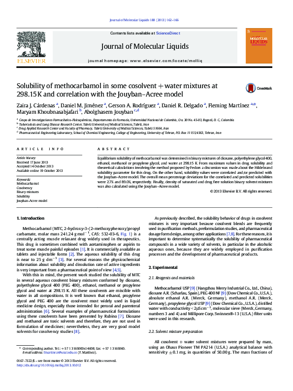 Pdf Solubility Of Methocarbamol In Some Cosolvent Water Mixtures At 298 15k And Correlation