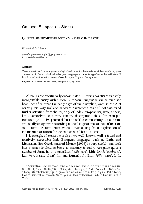 (PDF) On Indo-European -i Stems [& Peter Dunphy-Hetherington]