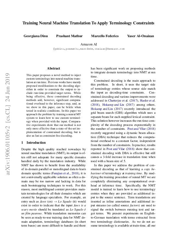 (PDF) Training Neural Machine Translation to Apply Terminology Constraints