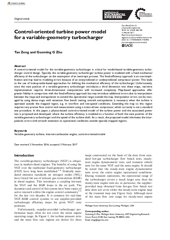 Pdf Control Oriented Turbine Power Model For A Variable Geometry