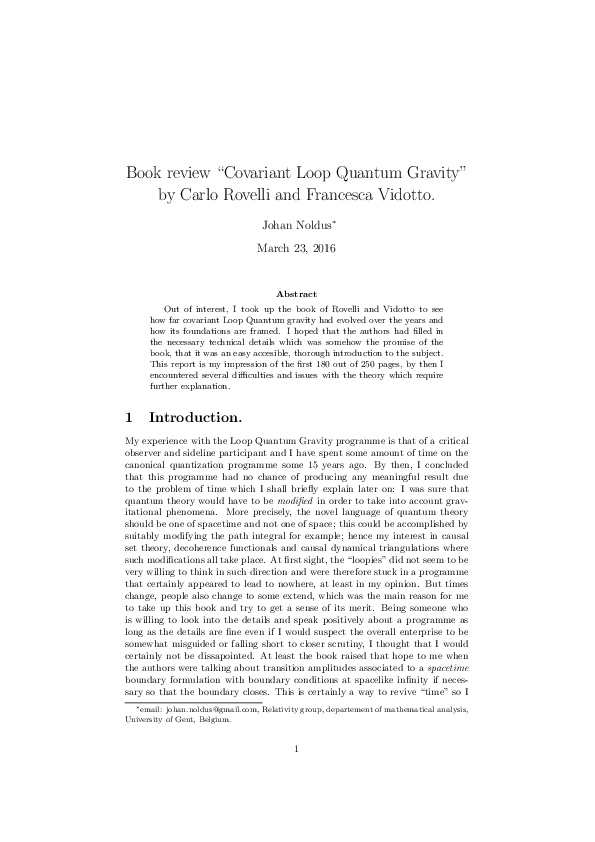 (PDF) Book Review; Covariant Loop Quantum Gravity by Carlo Rovelli and Francesca Vidotto | Johan ...