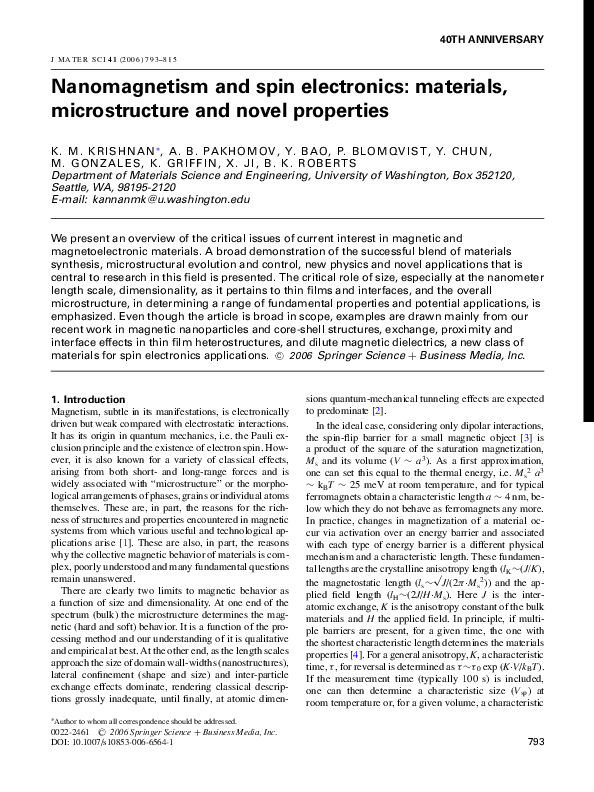 (PDF) Nanomagnetism and spin electronics: materials, microstructure and novel properties