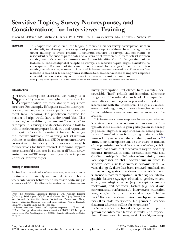 (PDF) Sensitive Topics, Survey Nonresponse, and Considerations for Interviewer Training