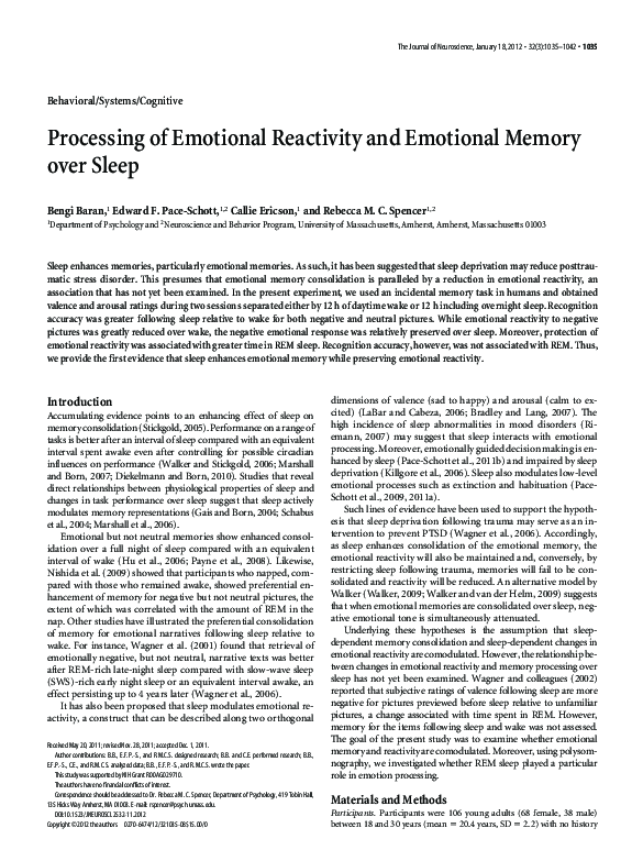 (PDF) Processing of Emotional Reactivity and Emotional Memory over Sleep