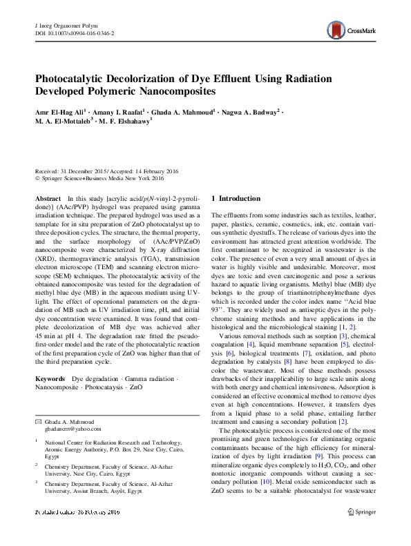 (PDF) Photocatalytic Decolorization of Dye Effluent Using Radiation Developed Polymeric ...