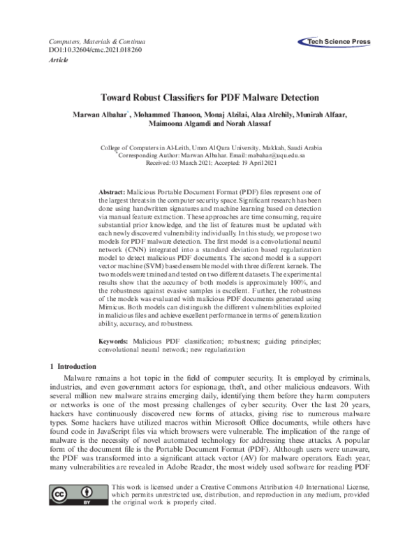 (PDF) Toward Robust Classifiers for PDF Malware Detection