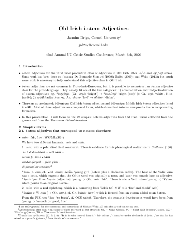 (PDF) Old Irish i-stem Adjectives