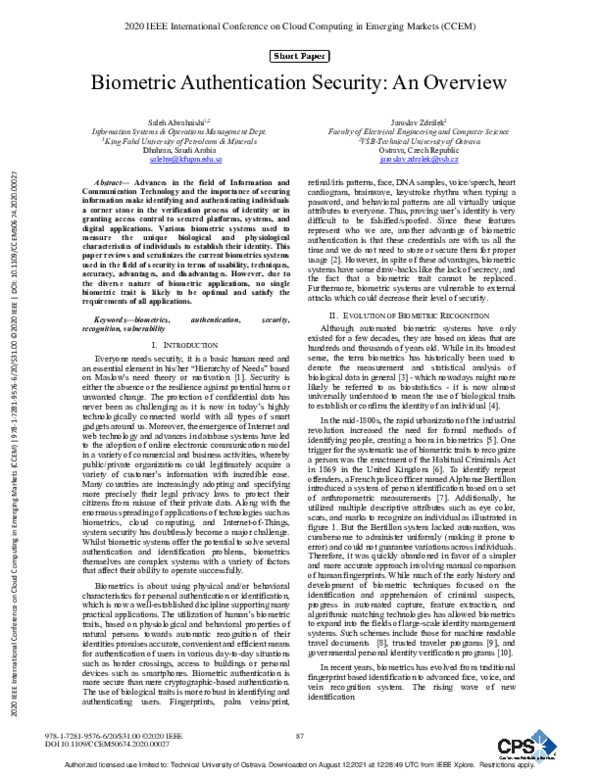 (PDF) Biometric Authentication Security: An Overview