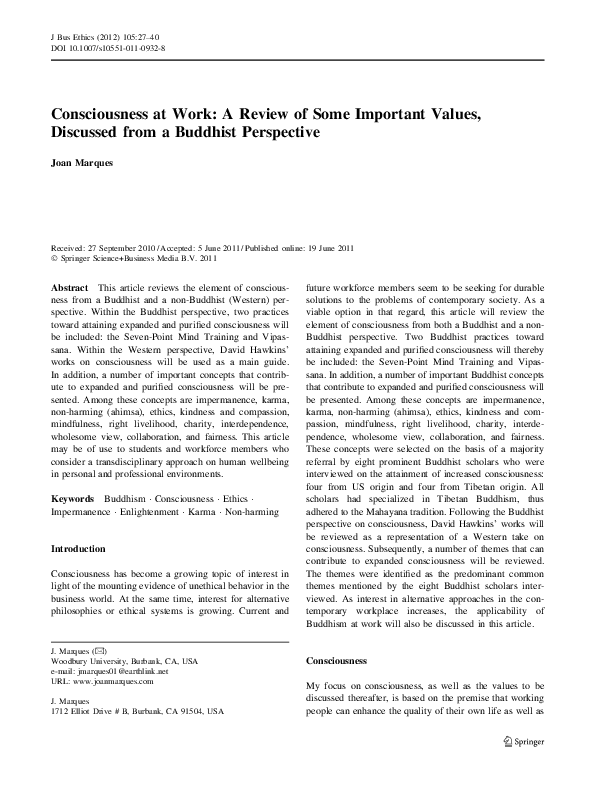 (PDF) Consciousness at Work: A Review of Some Important Values ...