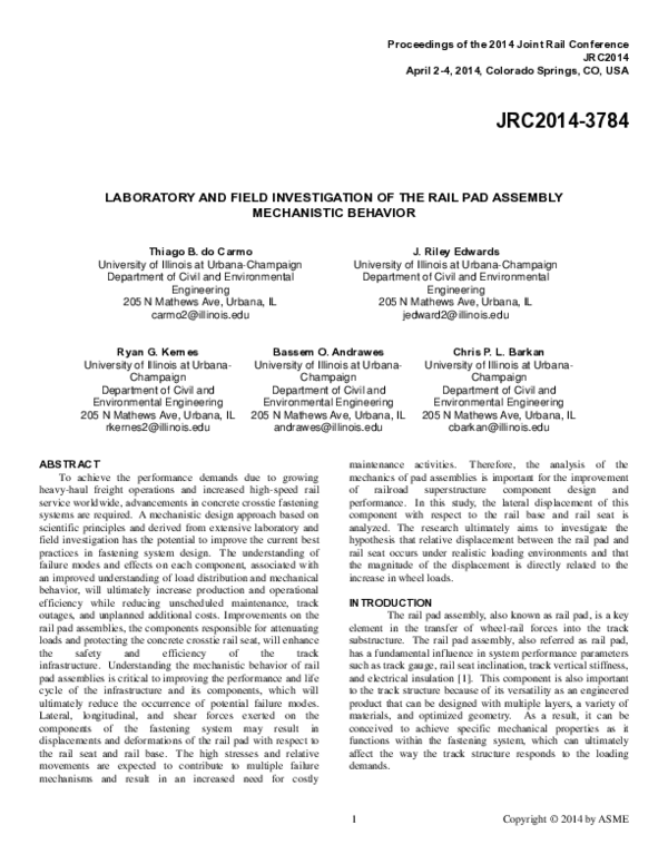 (PDF) Laboratory and Field Investigation of the Rail Pad Assembly ...
