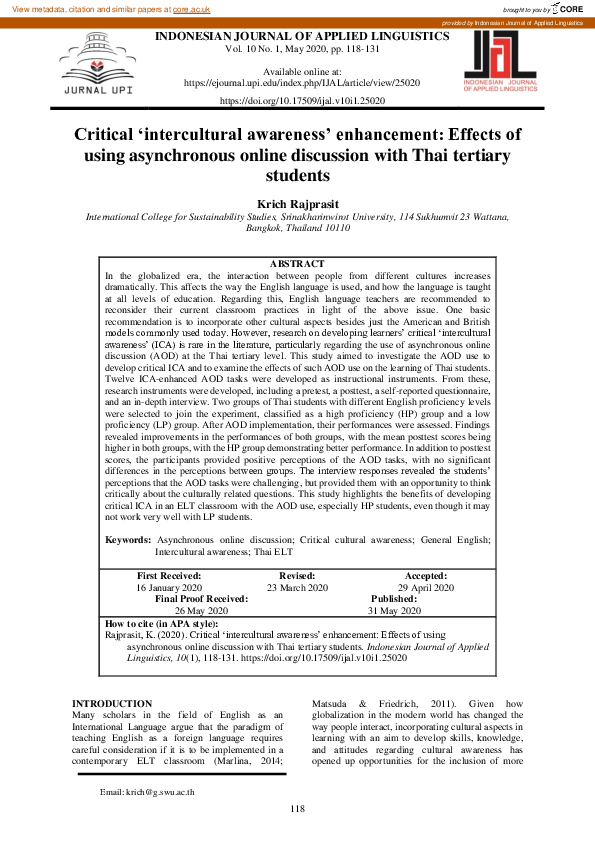 Pdf Enhancing Intercultural Awareness Via Aod