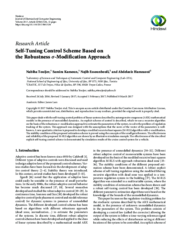 Pdf Self Tuning Control Scheme Based On The Robustnessσ Modification